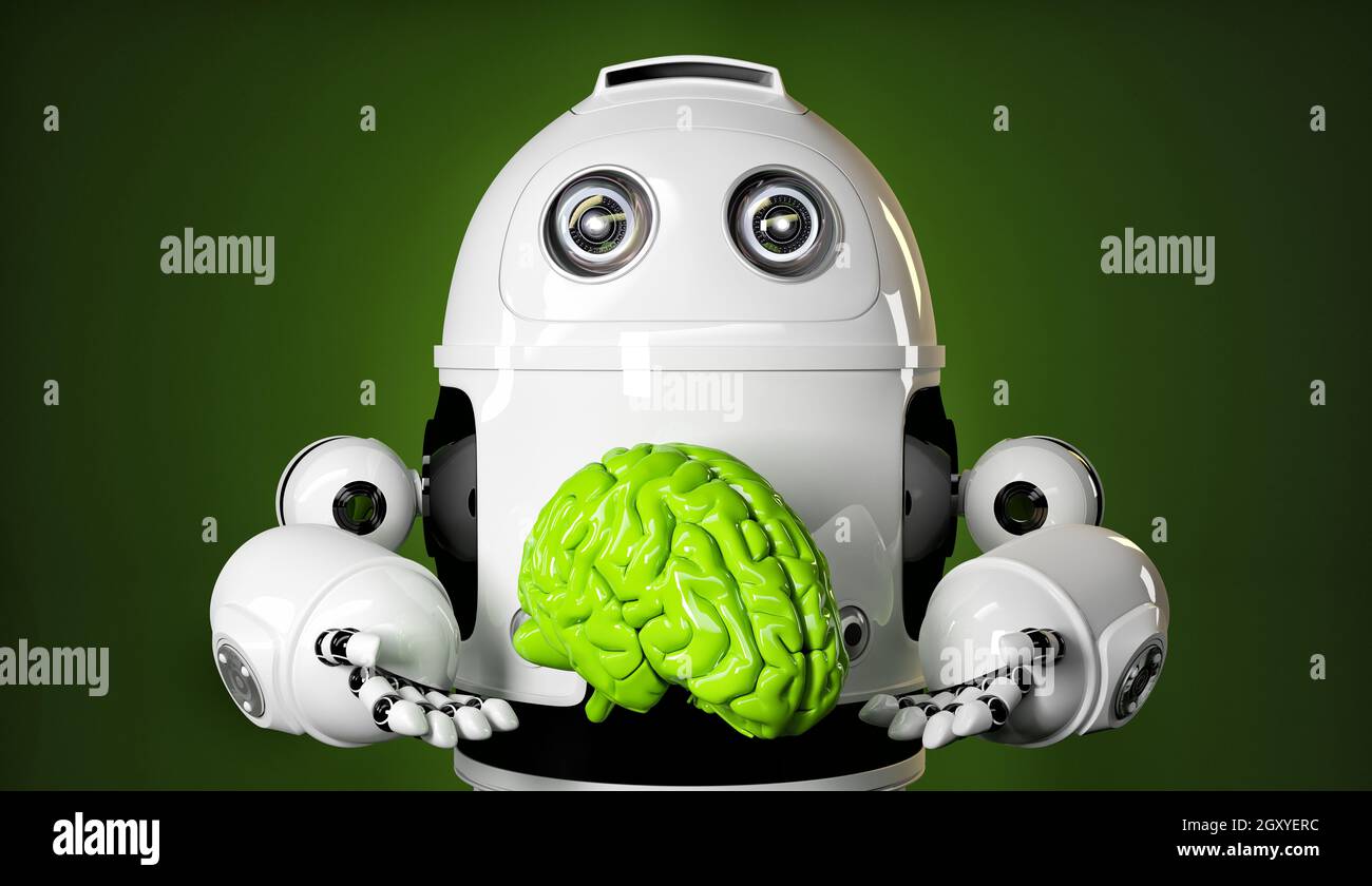 Android holding a large green brain. Rendered over green background ...