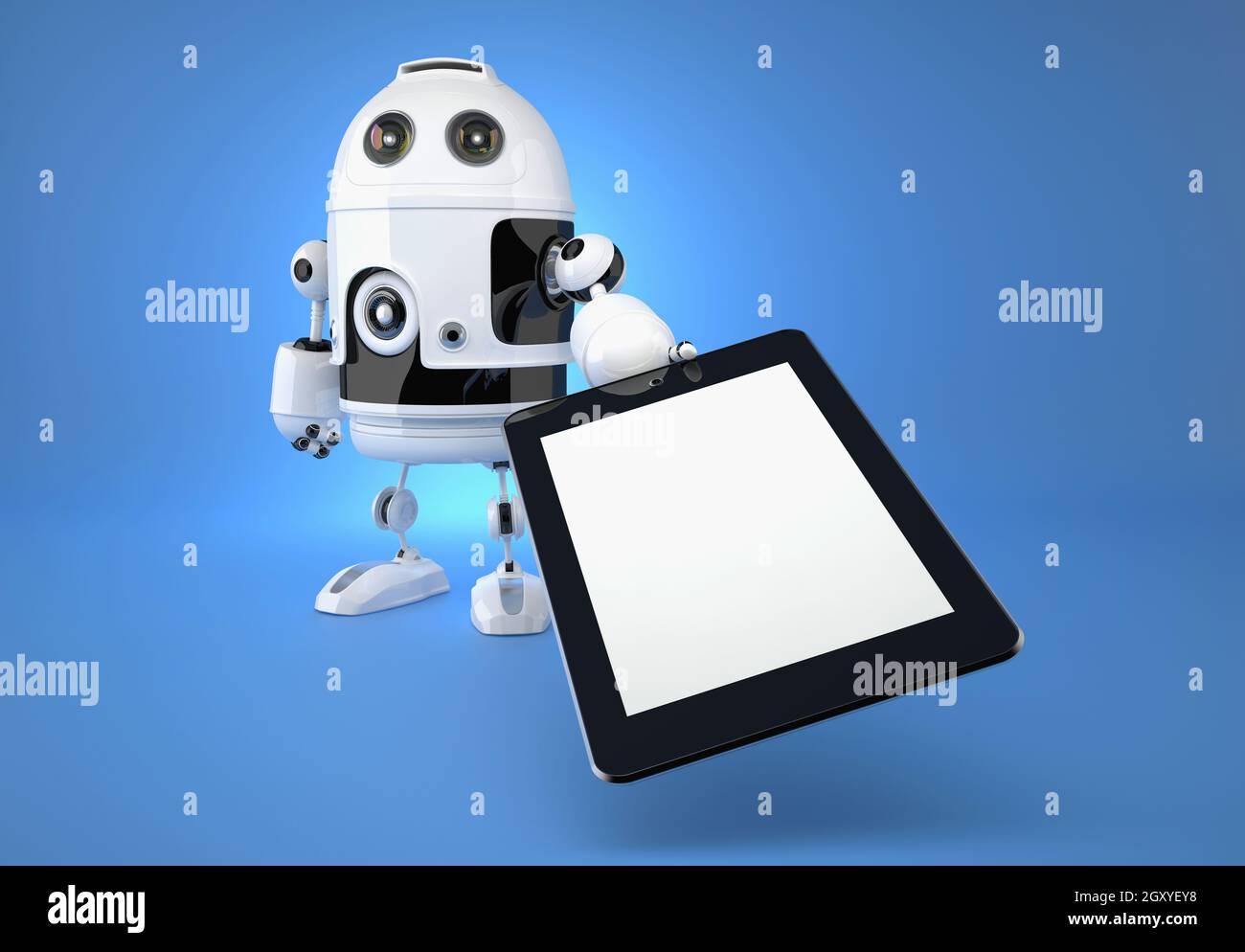 Android robot with touchpad on blue background. 3d illustration Stock ...