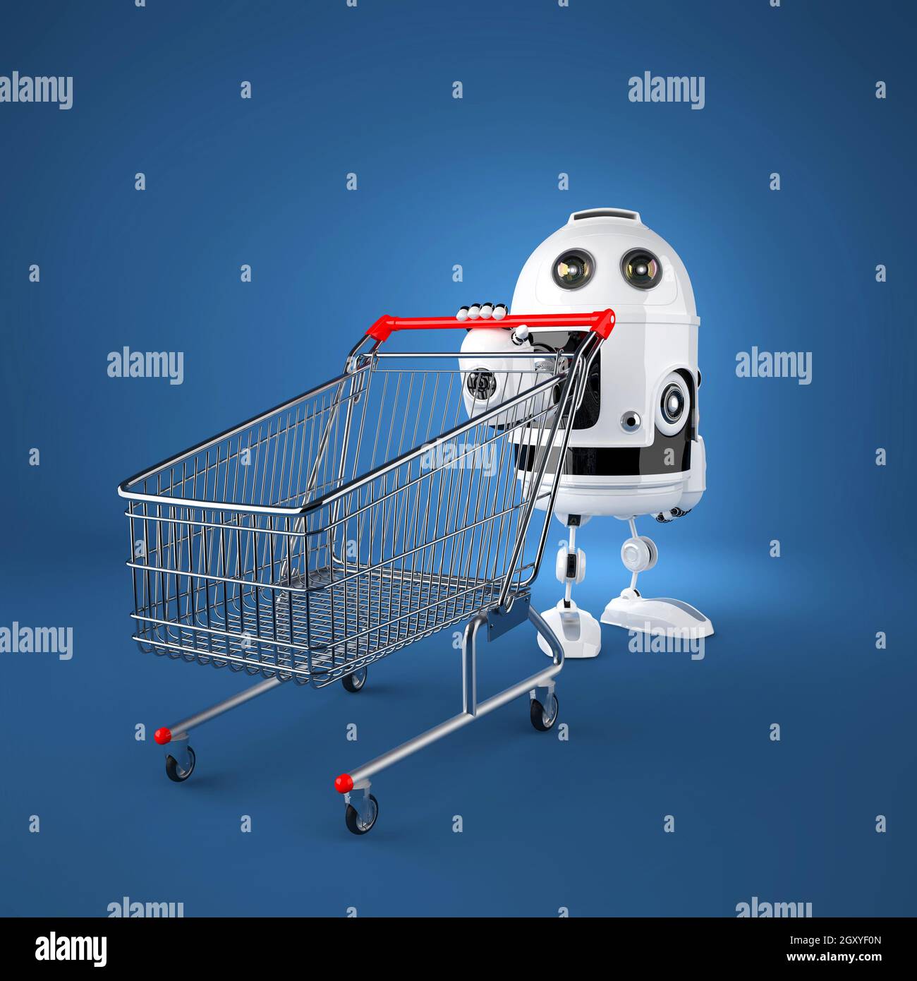 Android robot with shopping cart. Rendered over blue background Stock ...