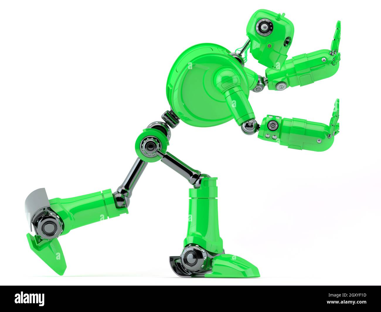 Green robot pushing an invisible object. Isolated on white background ...