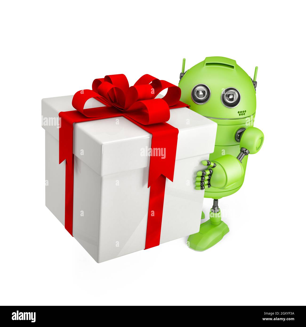 3d Robot carrying huge gift box. Isolated on white Stock Photo - Alamy