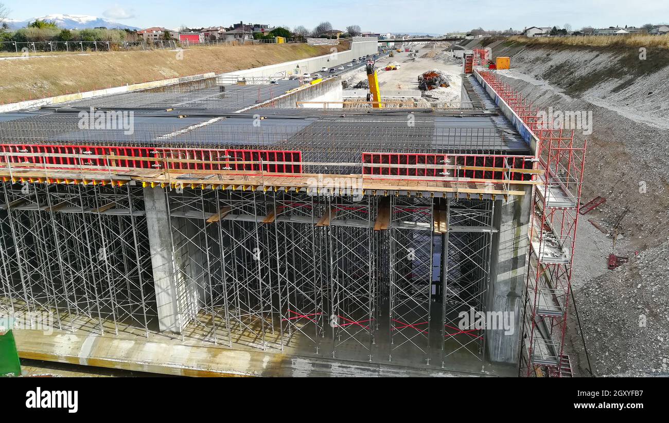 Highway construction site view. Civil engineering. Road on costruction ...