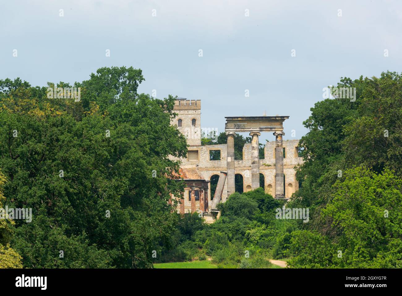 Norman tower in Potsdam, ruins inside castle park between trees Stock ...