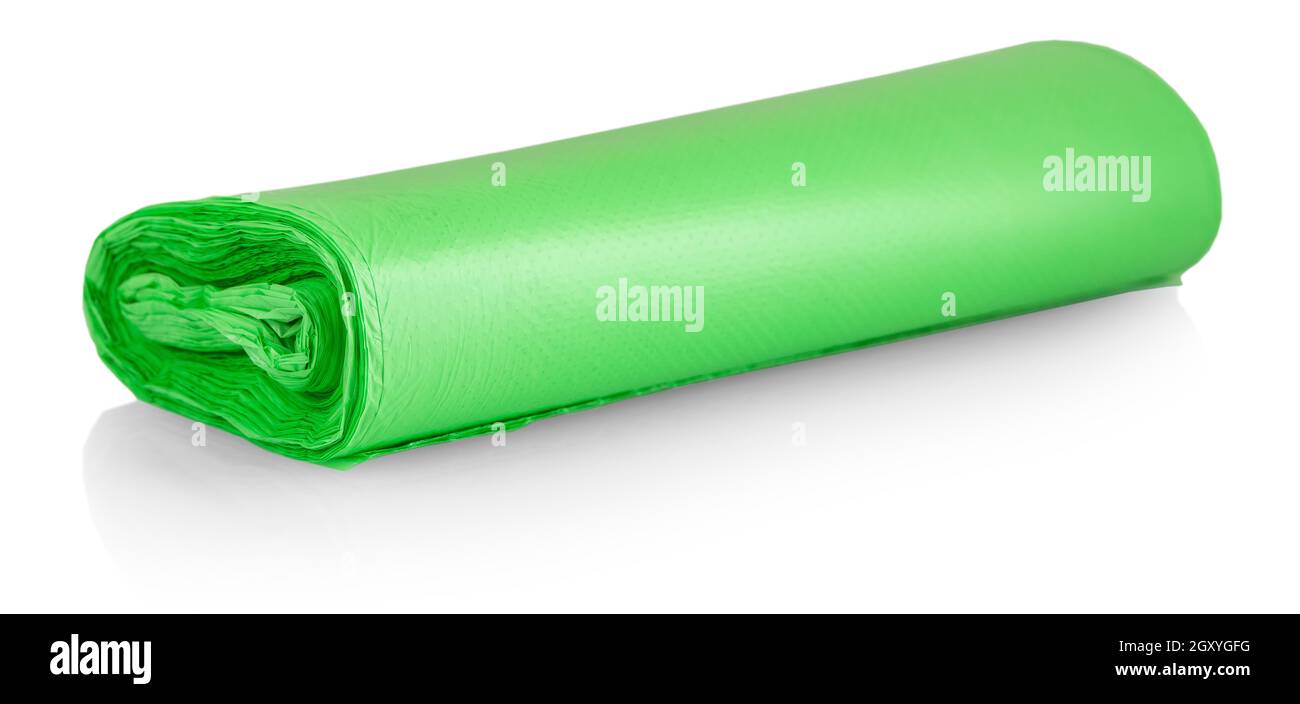 Green roll of plastic garbage bags isolated on white background Stock ...