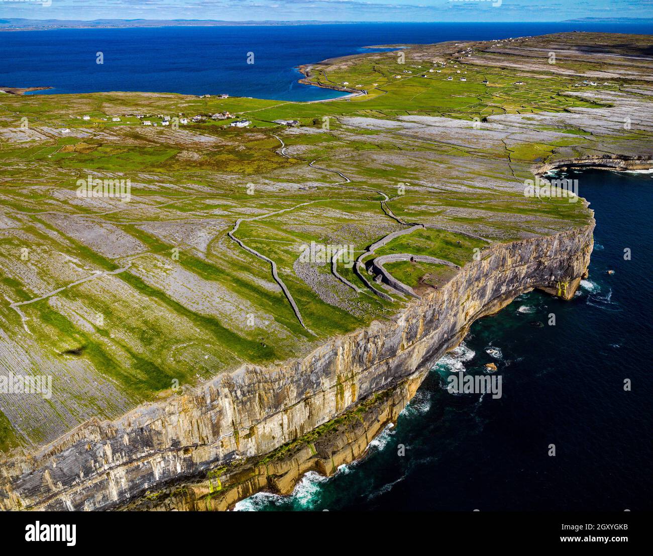Aerial view of the ruins of Dun Aonghasa on the clifftop at Inishmore ...