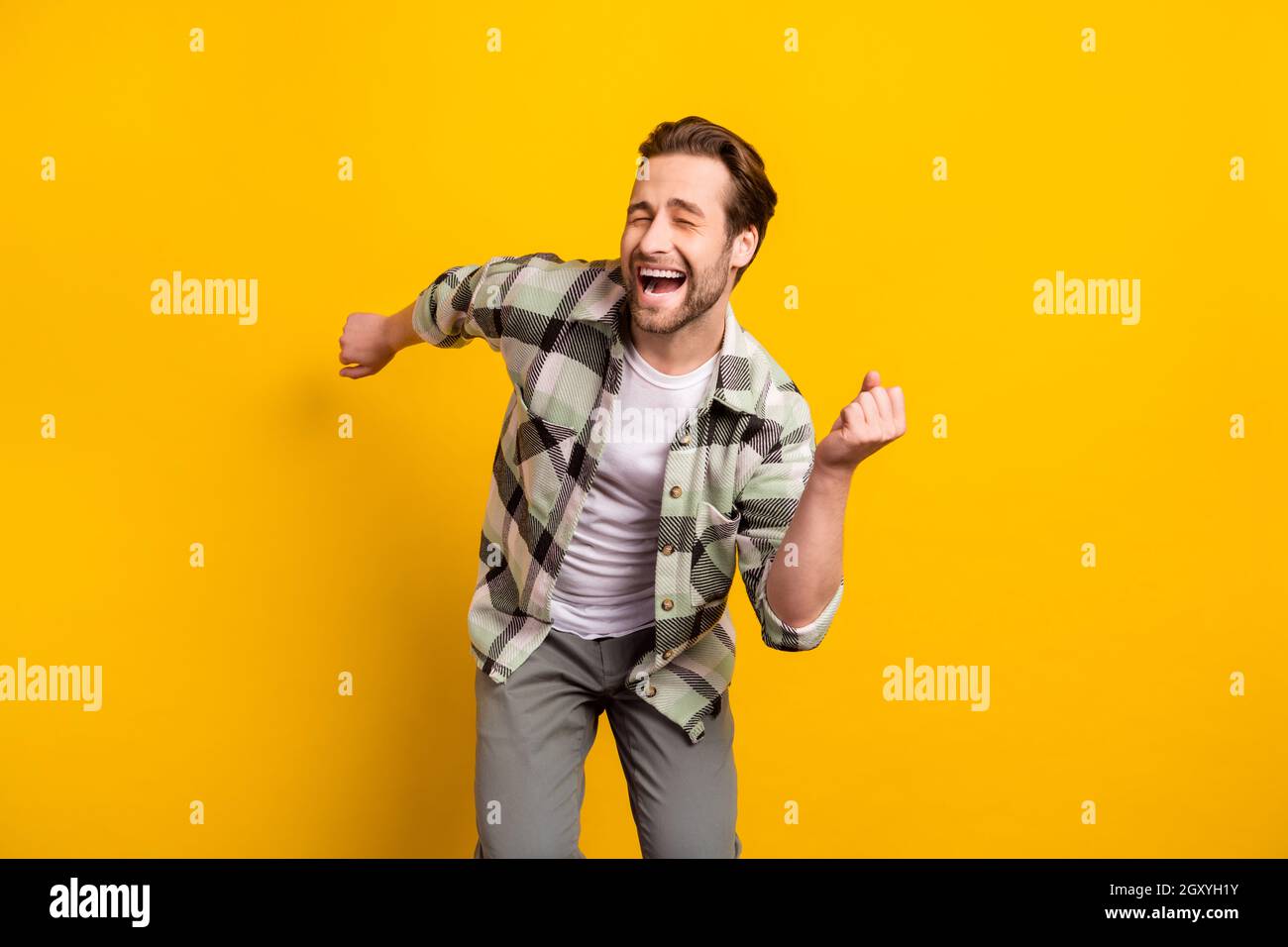 Photo of cheerful young positive happy man dance good mood funky funny ...
