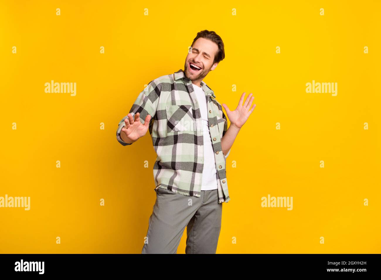 Photo of young handsome man happy positive smile have fun dance ...