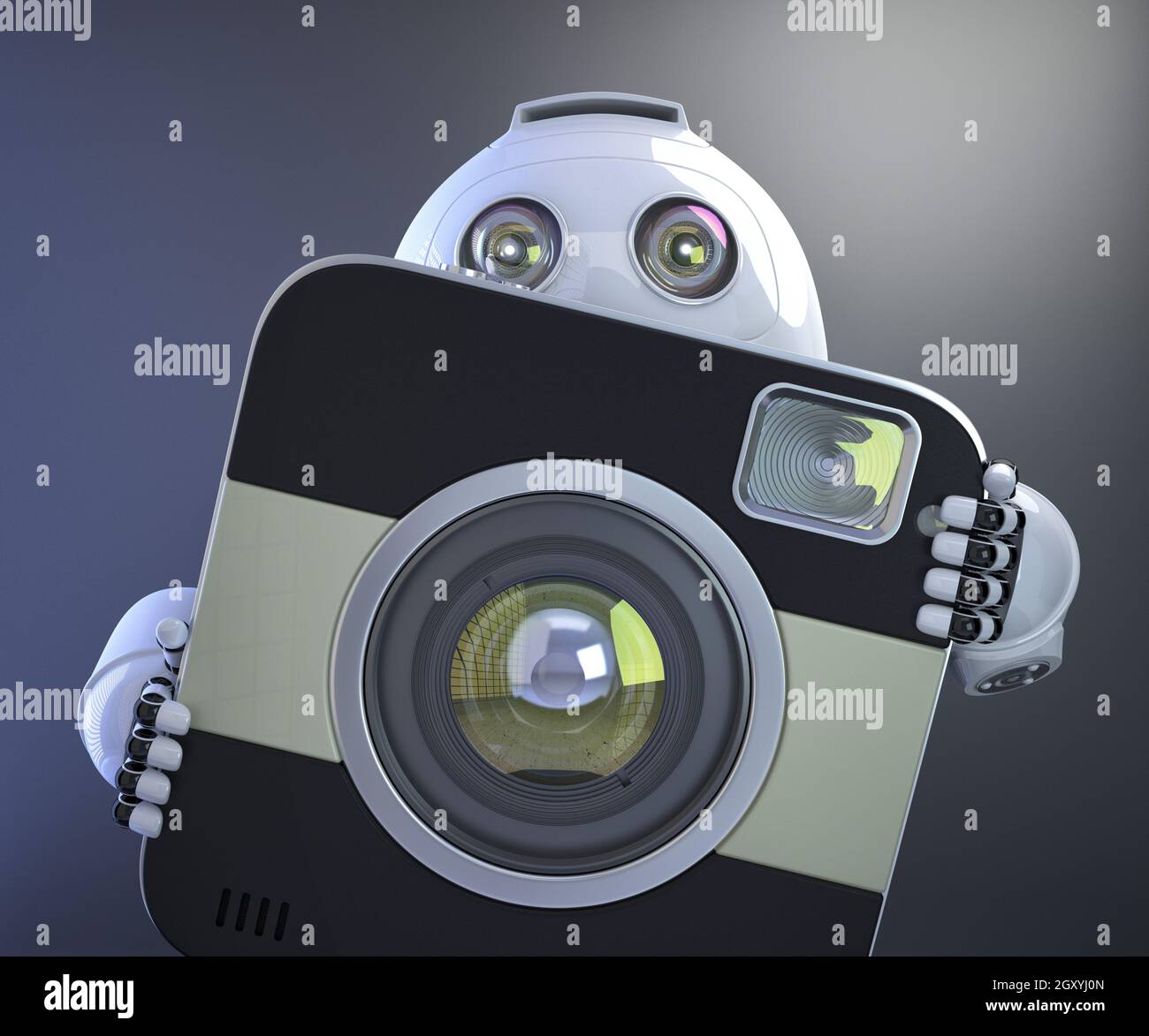 Android robot holding squared photo camera. 3D illustration Stock Photo ...