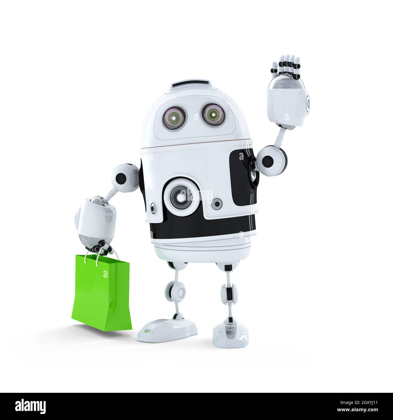 Android robot with shopping bag. Isolated on white background Stock ...