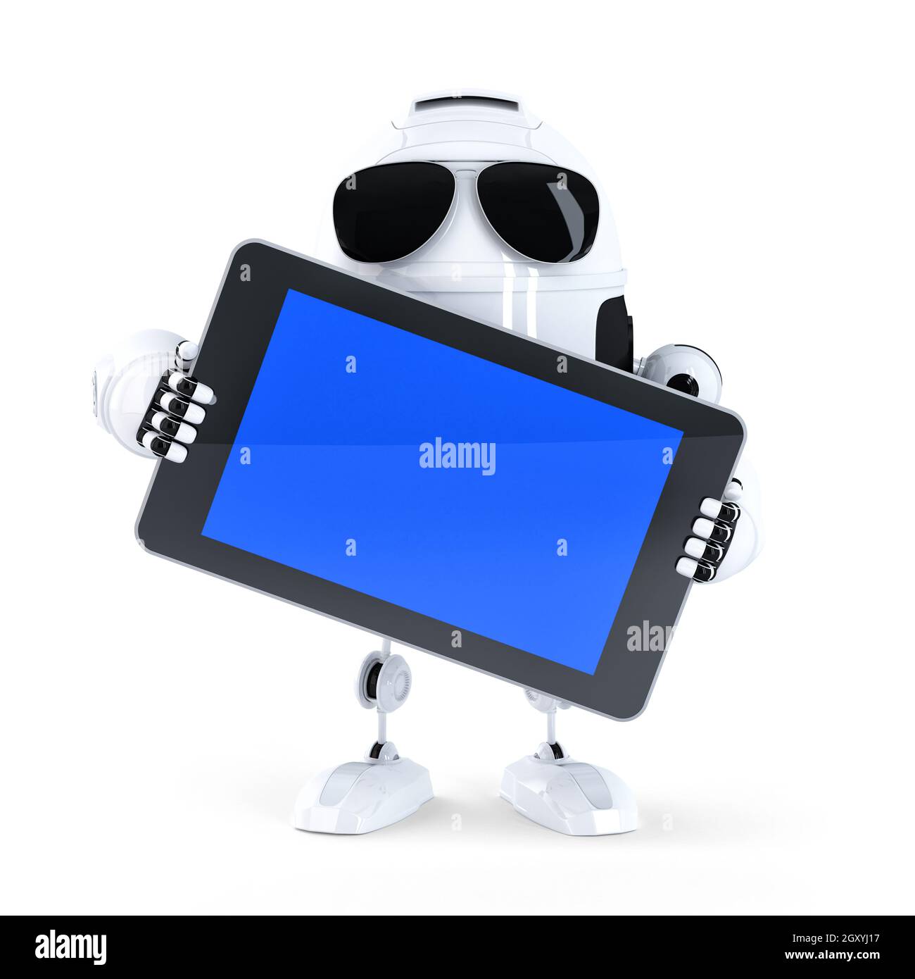 Android robot holding blanc screen mobile device. Isolated Stock Photo ...