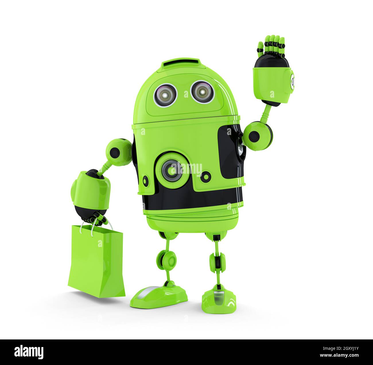 Android with shopping bag. Isolated on white background Stock Photo - Alamy