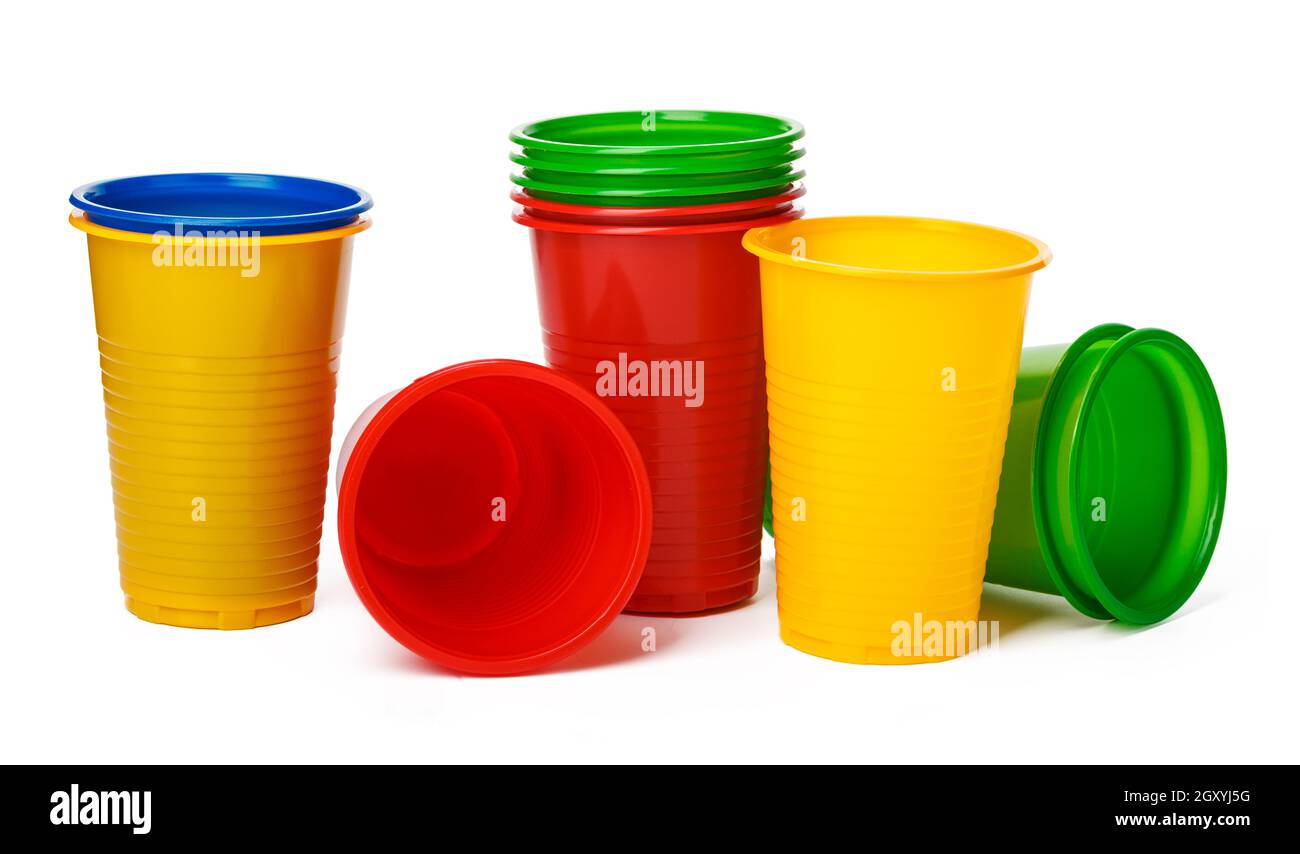 Colored plastic cups isolated on white background Stock Photo - Alamy