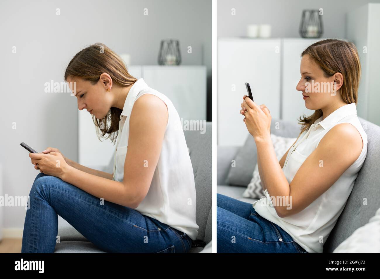 Before After Neck Pain Posture Using Mobile Phone Stock Photo - Alamy