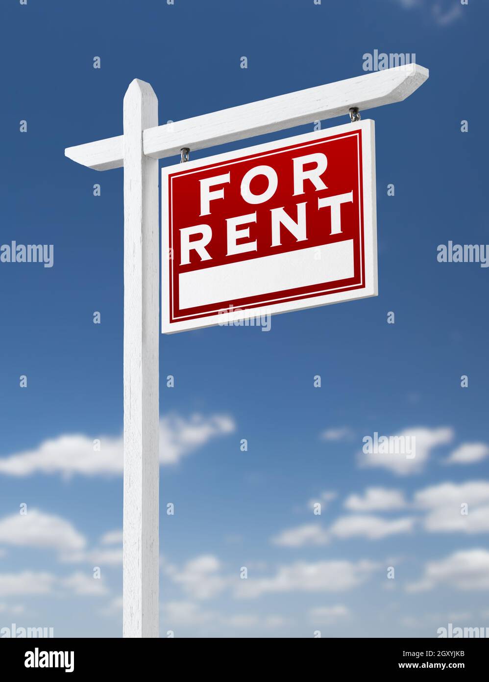 Right Facing For Rent Real Estate Sign on a Blue Sky with Clouds Stock ...