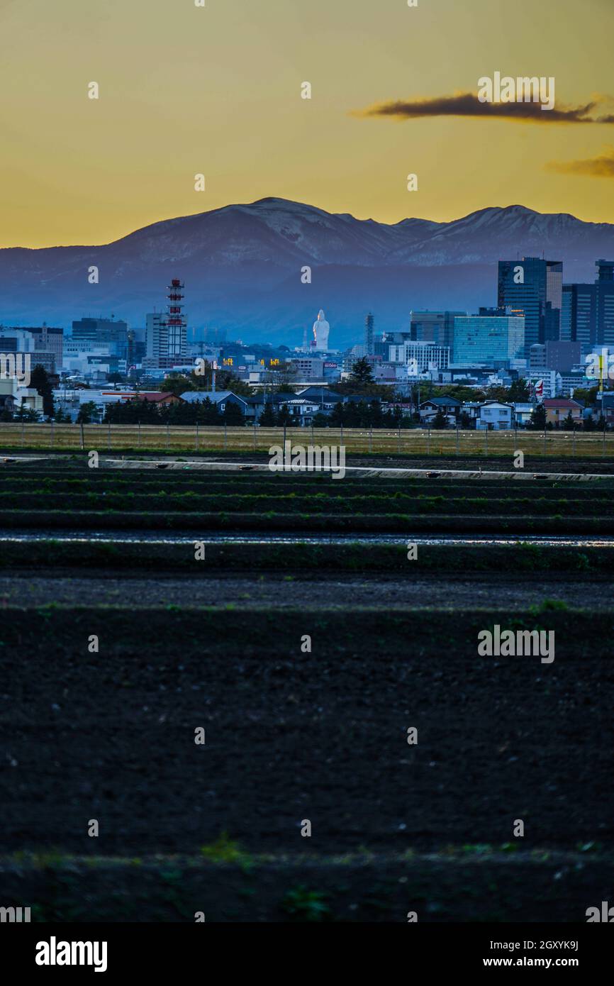 Sendai City downtown skyline and sunset. Shooting Location: Sendai ...