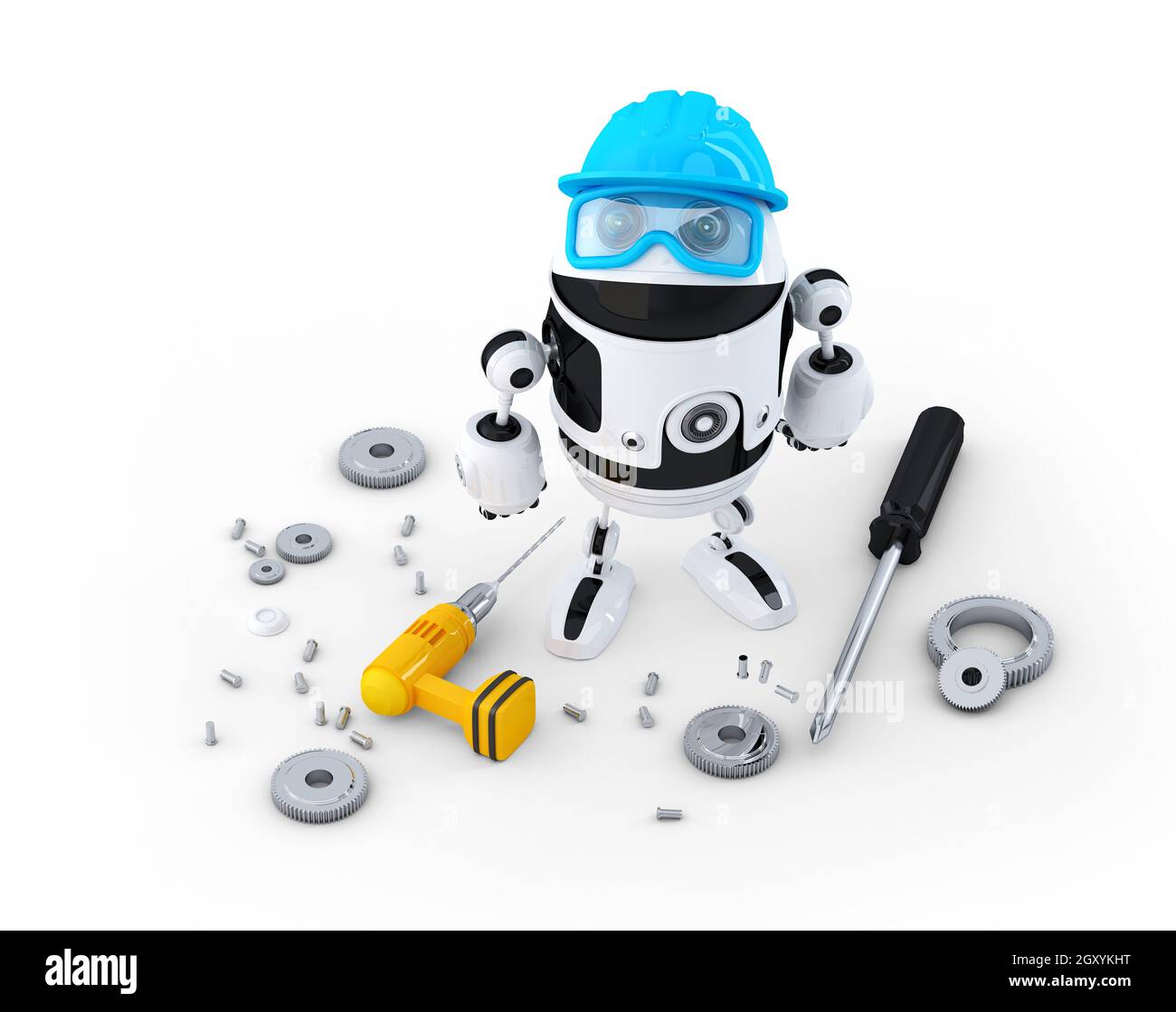 Robot construction worker with various tools. Technology concept ...
