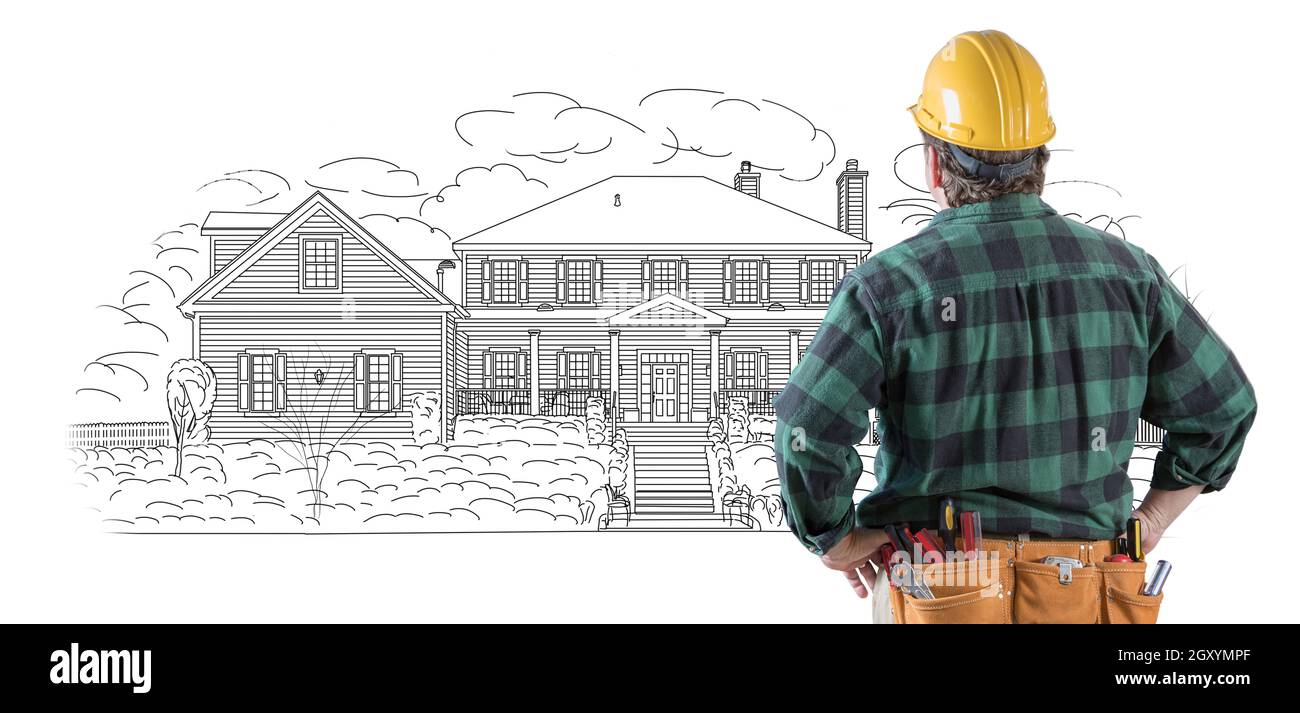 Male Contractor with Hard Hat and Tool Belt Looking At Custom House ...