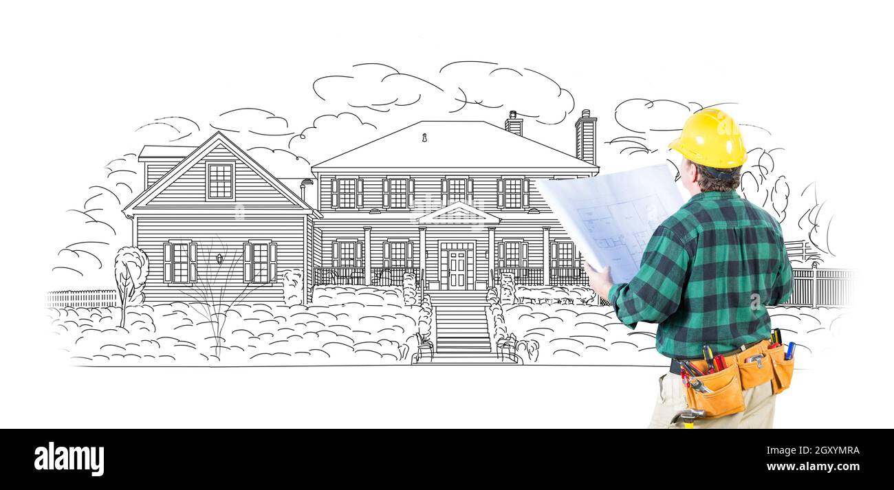 Male Contractor with Hard Hat and Tool Belt Looking At Custom House ...