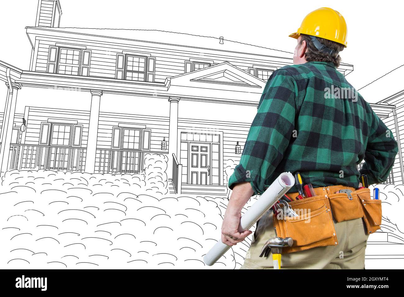 Male Contractor with Hard Hat and Tool Belt Looking At Custom House ...