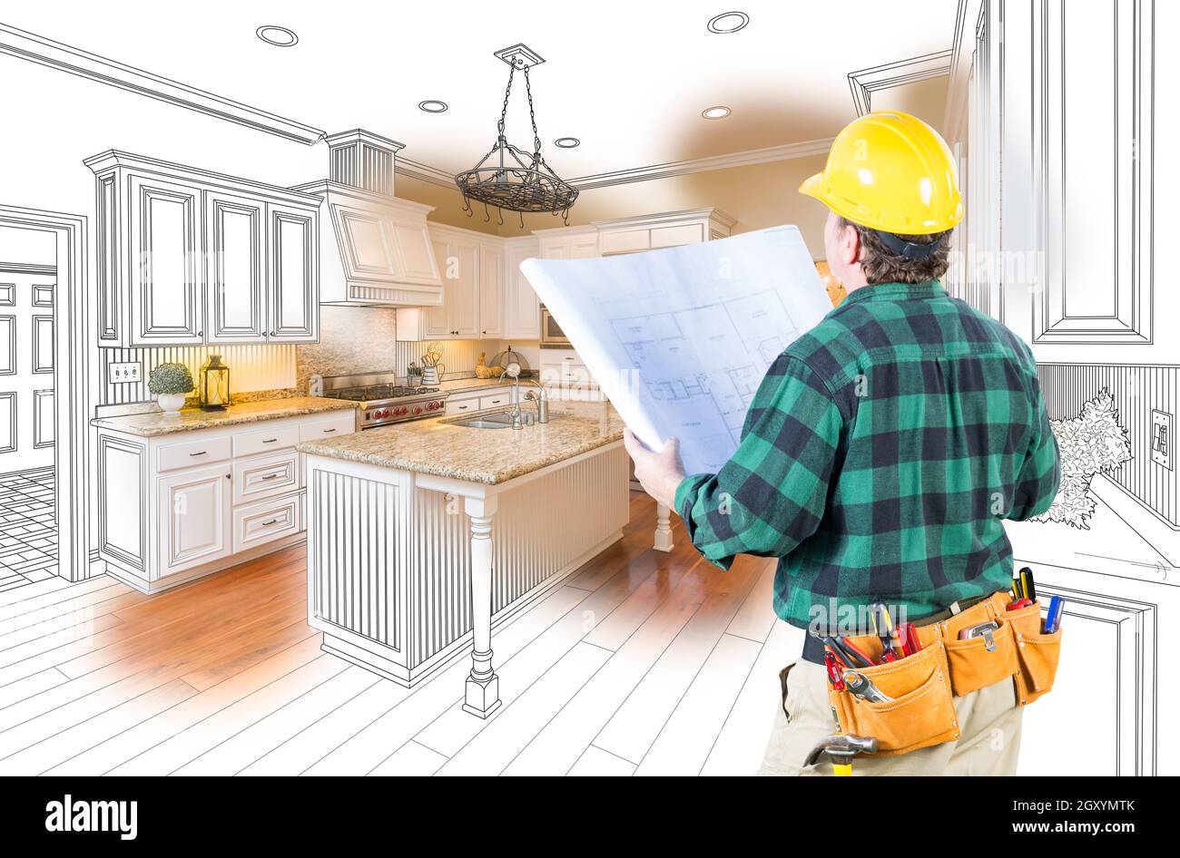 Male Contractor with Hard Hat and Plans Looking At Custom Kitchen ...