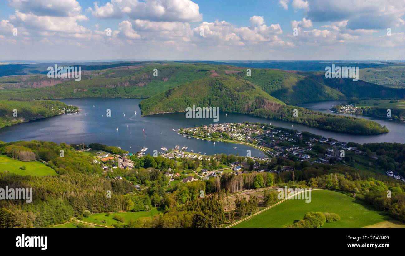Aerial view of the Rursee in the Eifel region, Germany with Woffelsbach ...