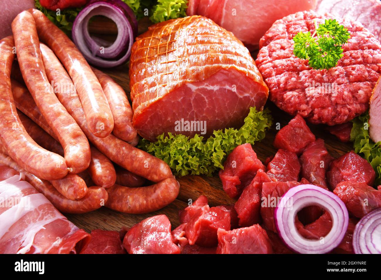 Composition with assorted meat products Stock Photo - Alamy