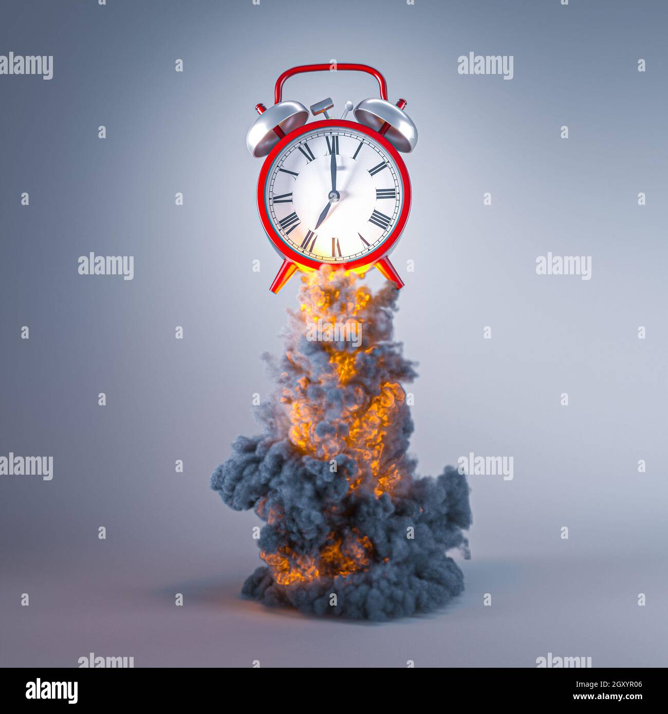 classic red alarm clock with flames and smoke. concept of urgency, time ...