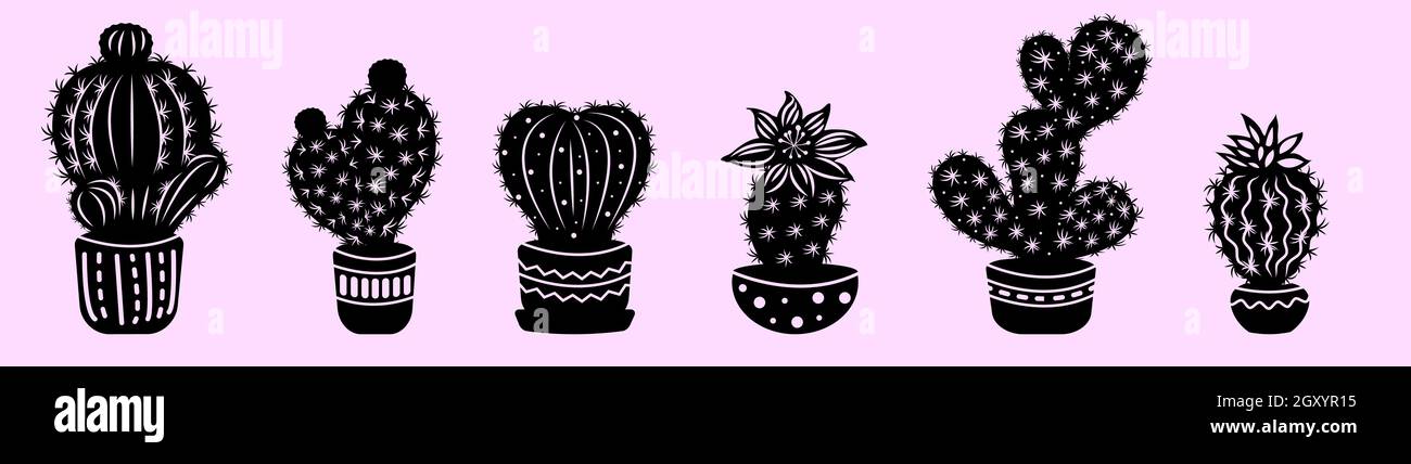 Set of black contour cacti in decorated pots. Monochrome image of ...