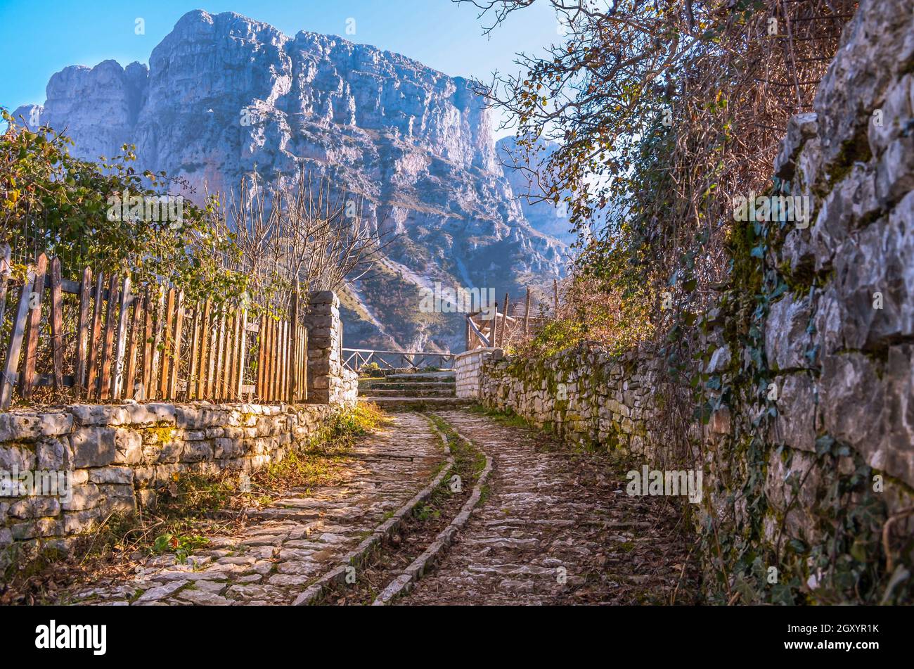 Traditional alley in Megalo papingo, the picturesque village built on ...