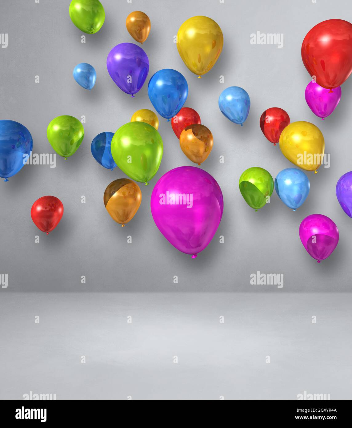 Colorful balloons group on a white wall background. 3D illustration ...