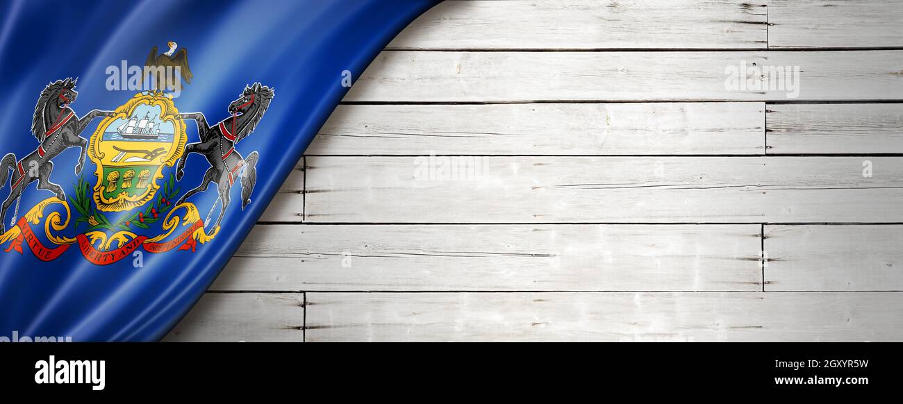 Pennsylvania flag on white wood wall banner, USA. 3D illustration Stock ...