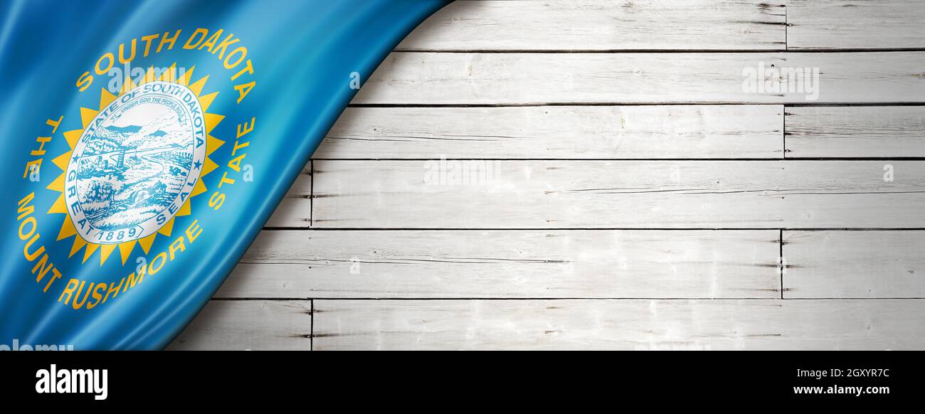 South Dakota flag on white wood wall banner, USA. 3D illustration Stock ...