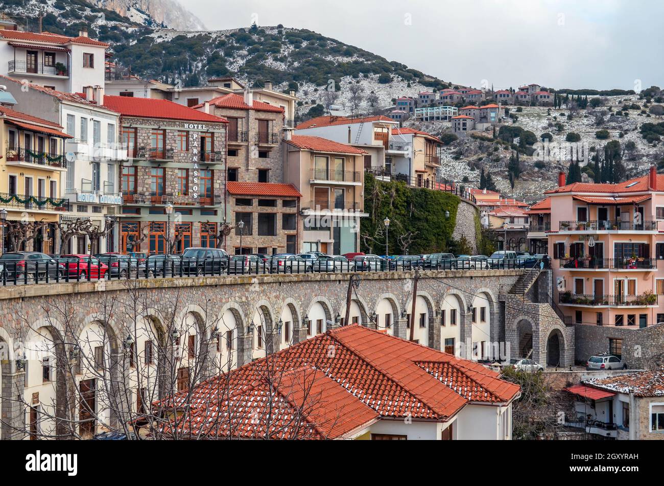 Scenic view of the picturesque and famous village of Arachova located ...