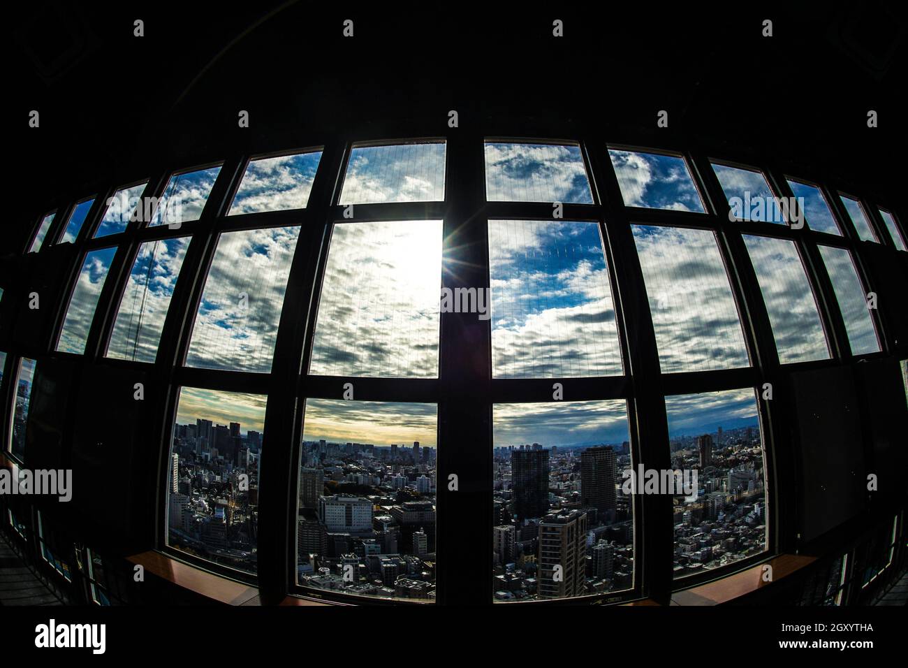 Tokyo skyline visible to the Tokyo Tower Observatory through a window ...