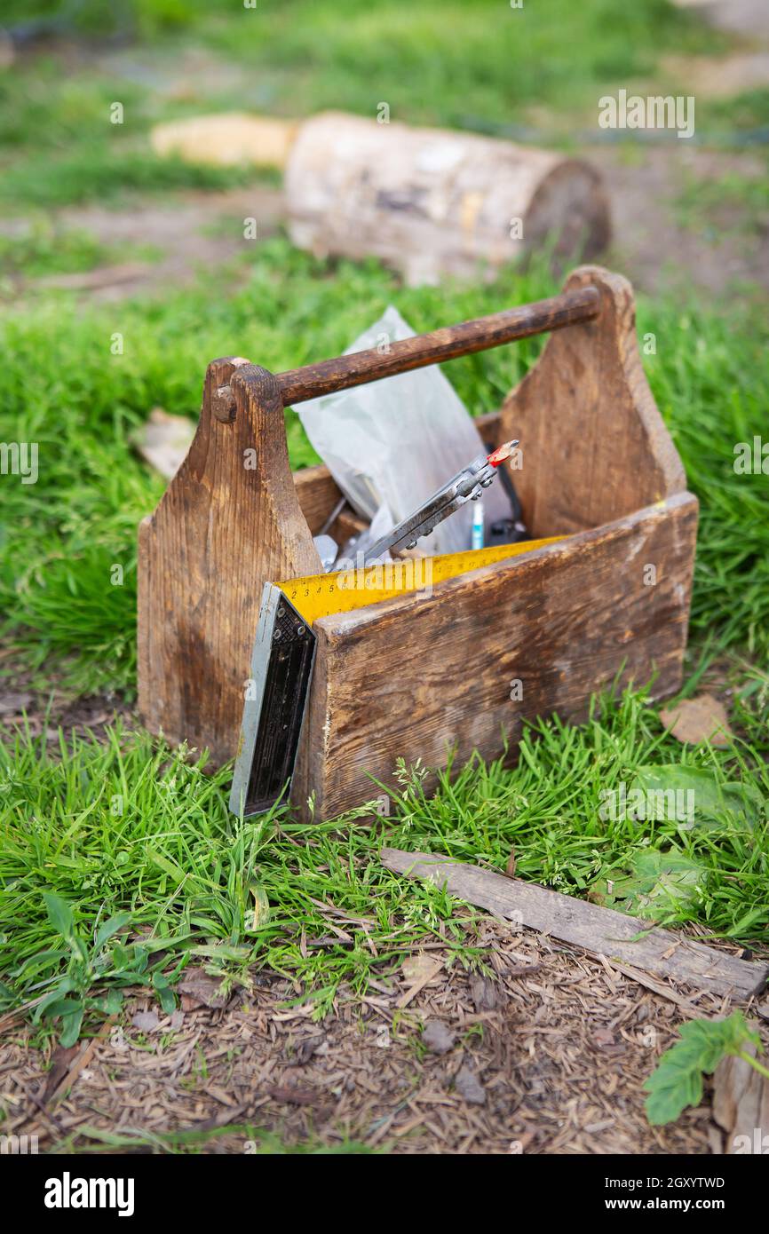 A very old wooden toolbox. Renovation and construction process Stock ...