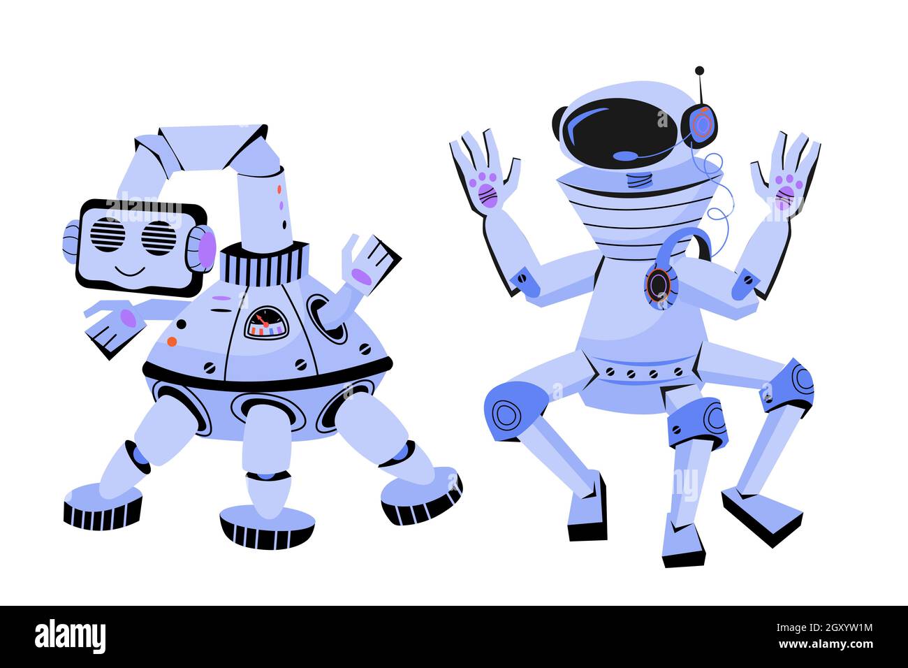 Funny friendly toy robots cartoon characters, flat vector illustration ...