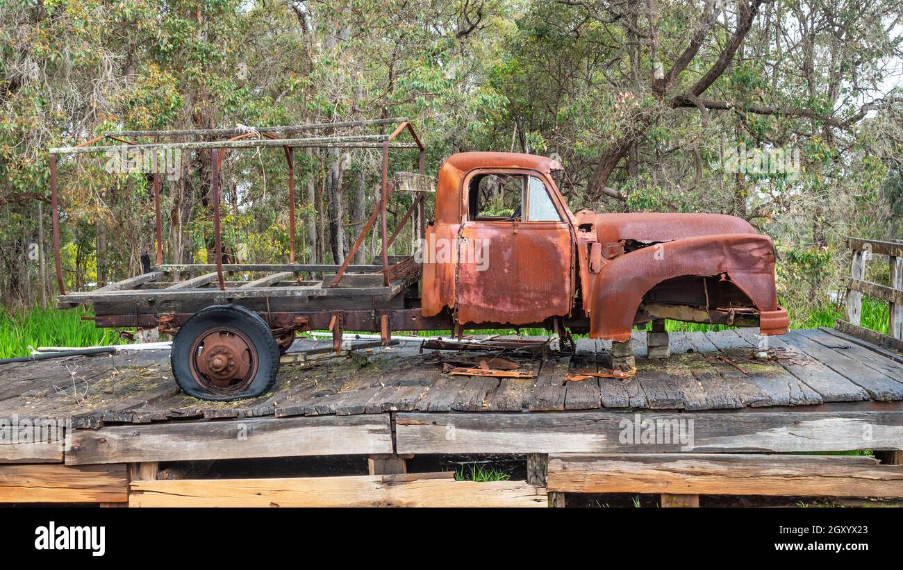 A rusting truck, known locally as a ute, parked at Rosa Brook, in the ...
