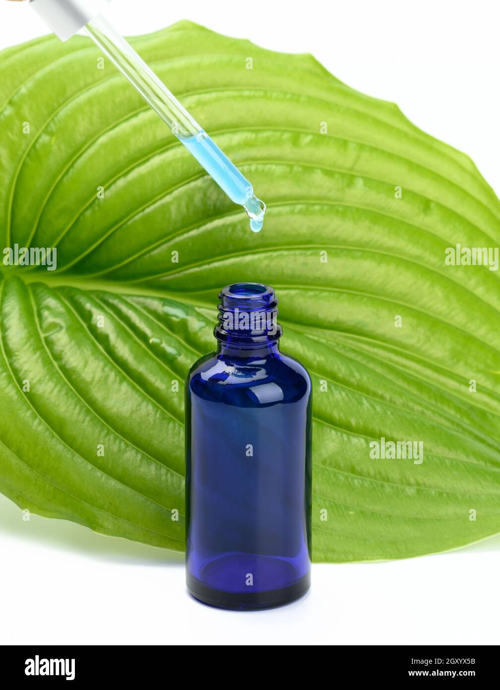 blue glass transparent bottle with a pipette on the background of a ...
