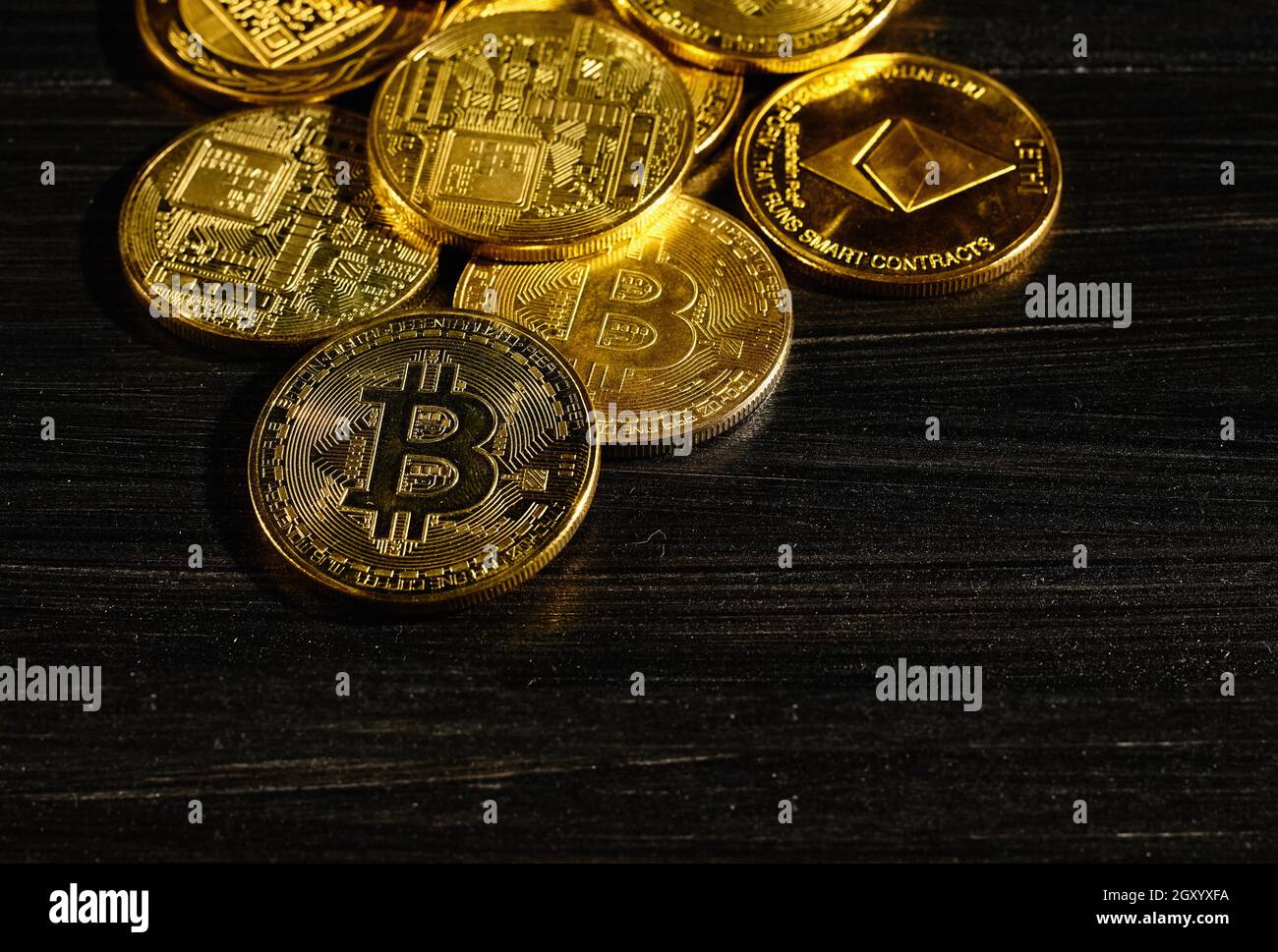 Leader in cryptocurrency bitcoin BTC on a top of coins against black ...