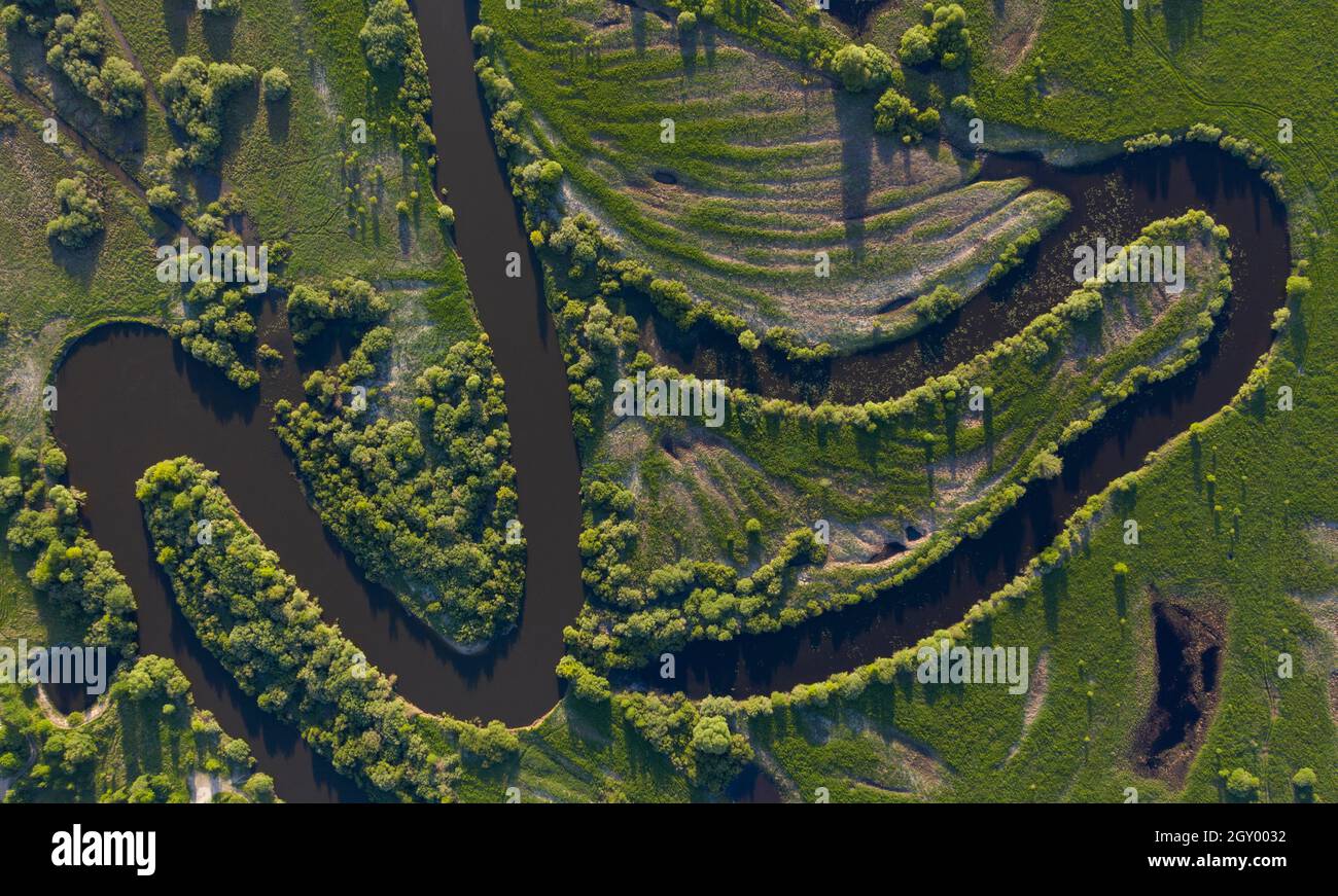 A winding river flows through a swampy plain and forest, aerial view ...