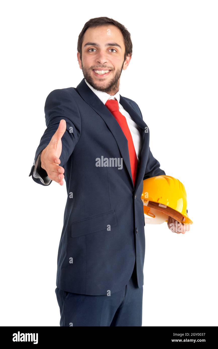 Engineer with helmet isolated in a white background Stock Photo - Alamy