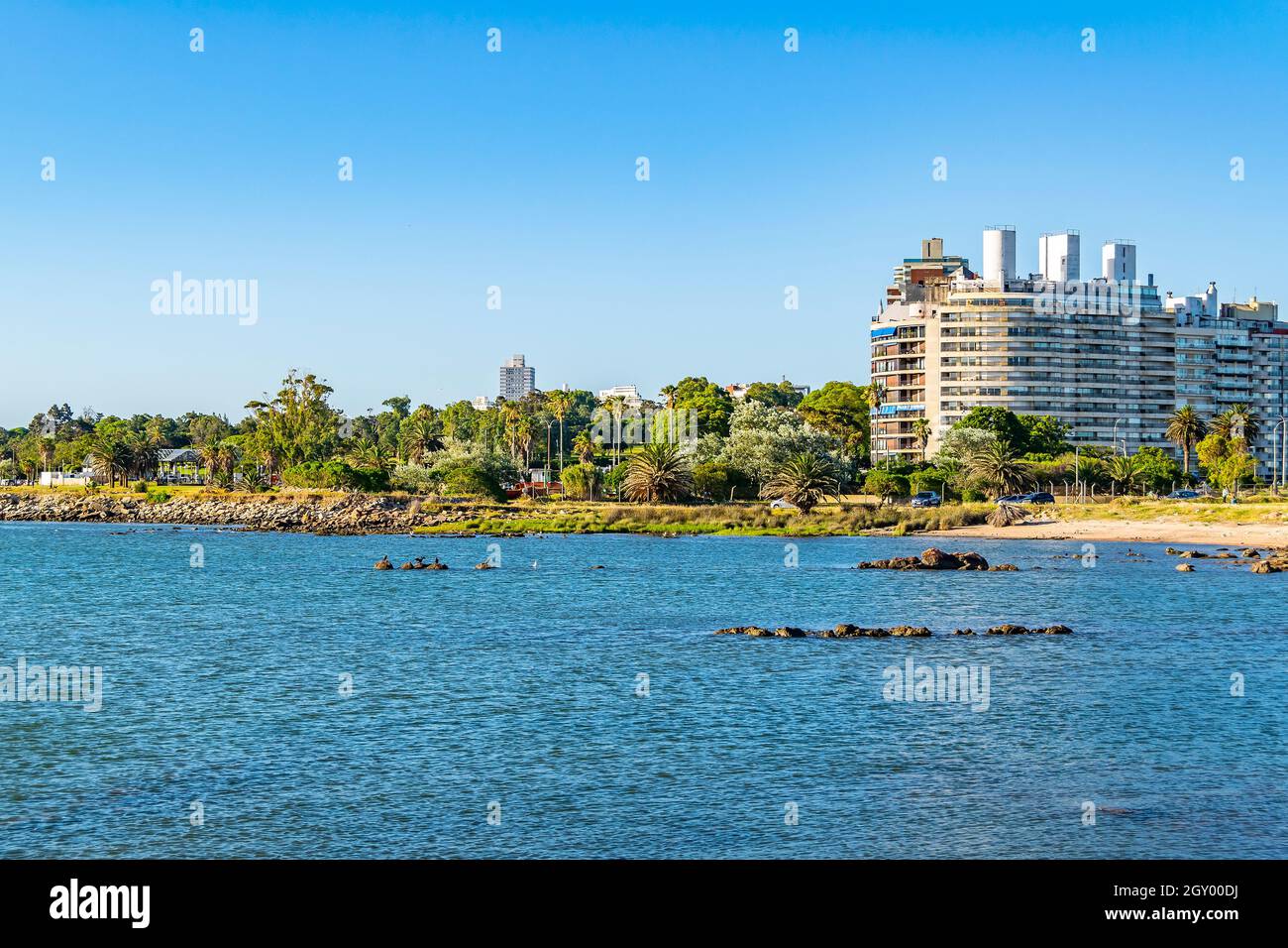 Waterfront buildings urban coastal scene at montevideo city, uruguay ...
