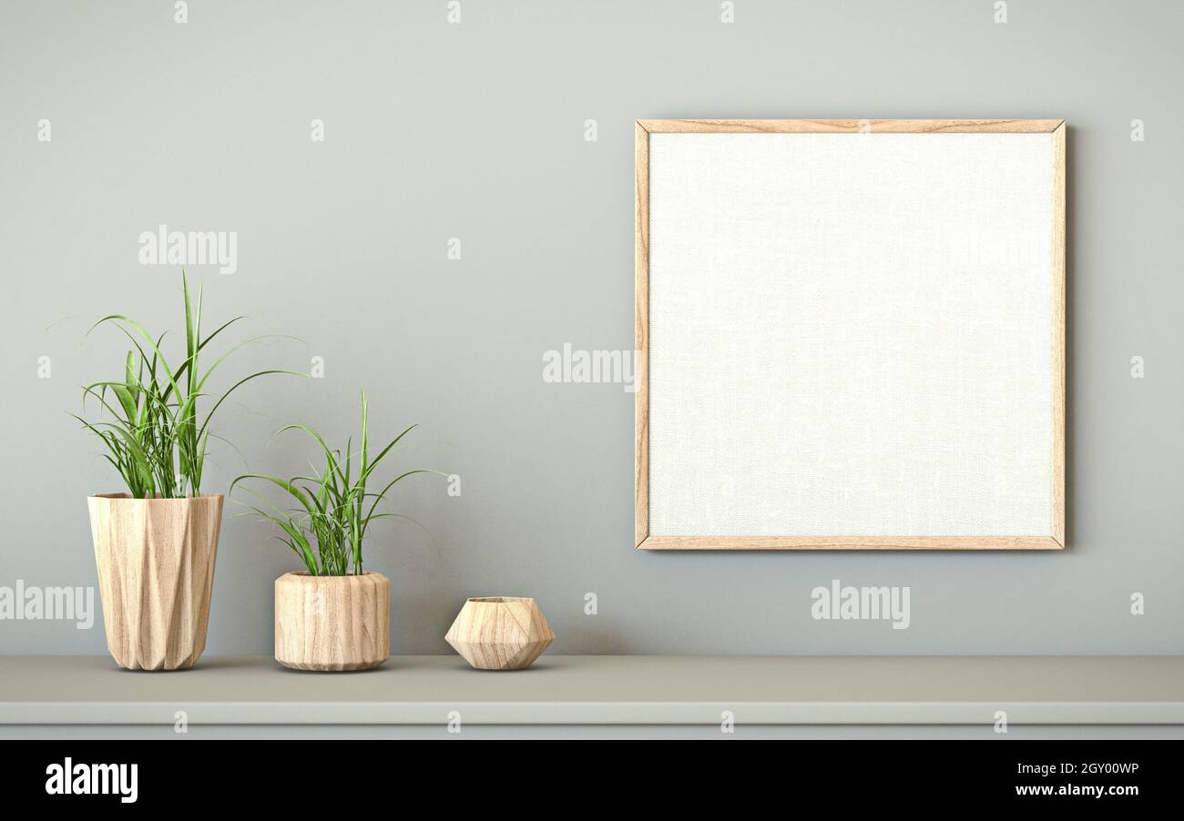Mock up blank wooden picture frame with three vases 3D render ...