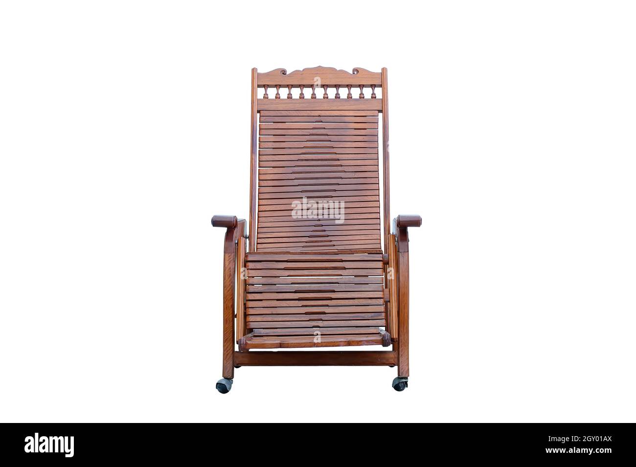 Reclining wooden chairs with a scroll wheel isolated on a white ...