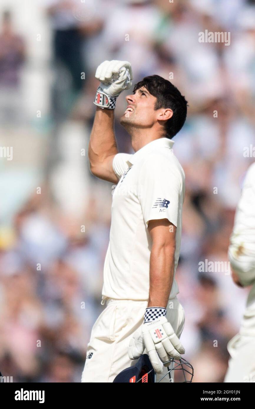 England’s Alastair Cook celebrates scoring 100 during his final test ...