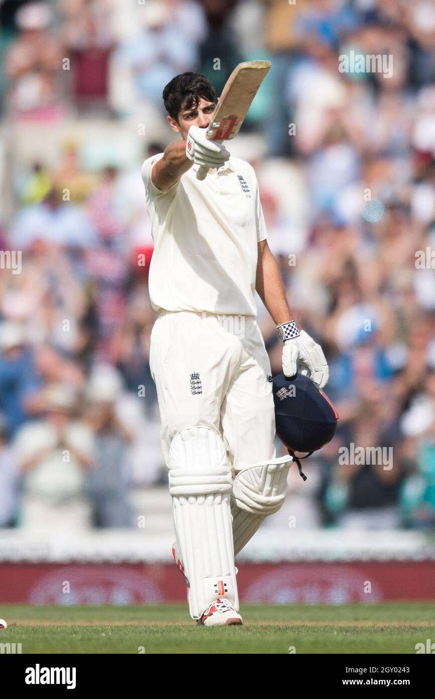 England’s Alastair Cook celebrates scoring 100 during his final test ...