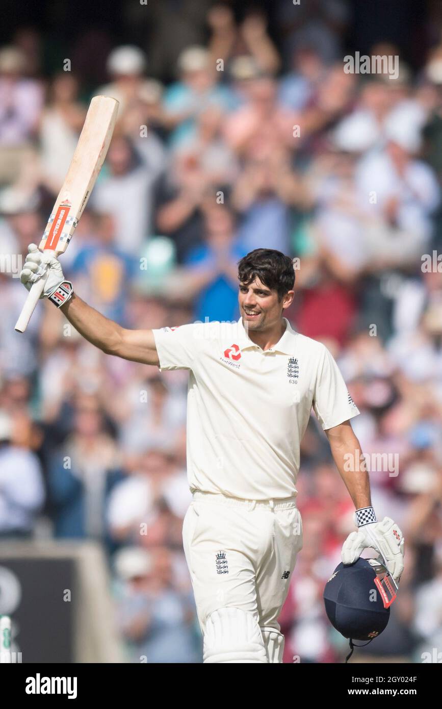 England’s Alastair Cook celebrates scoring 100 during his final test ...