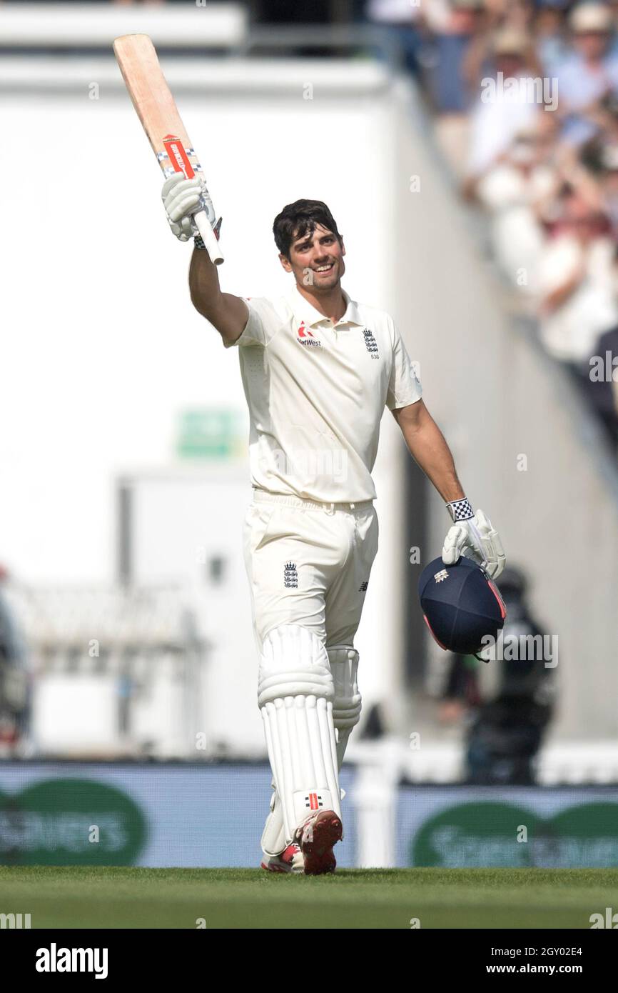 England’s Alastair Cook celebrates scoring 100 during his final test ...