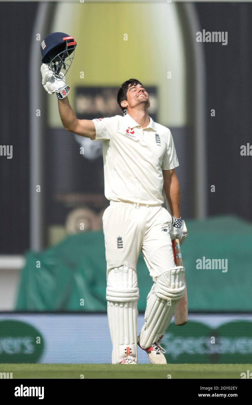 England’s Alastair Cook celebrates scoring 100 during his final test ...