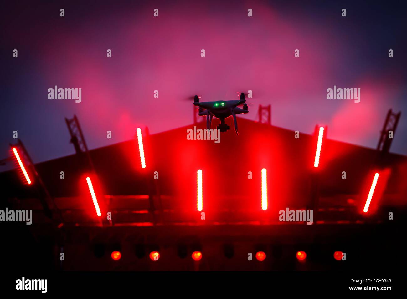 Drone flying above live concert. Concert stage on music festival Stock ...
